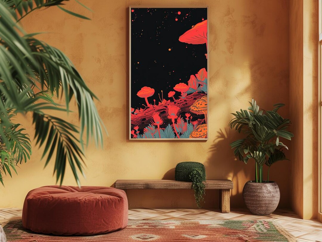 Psychedelic Mushroom Field Illustration Vibrant Colors Retro Futurism ...