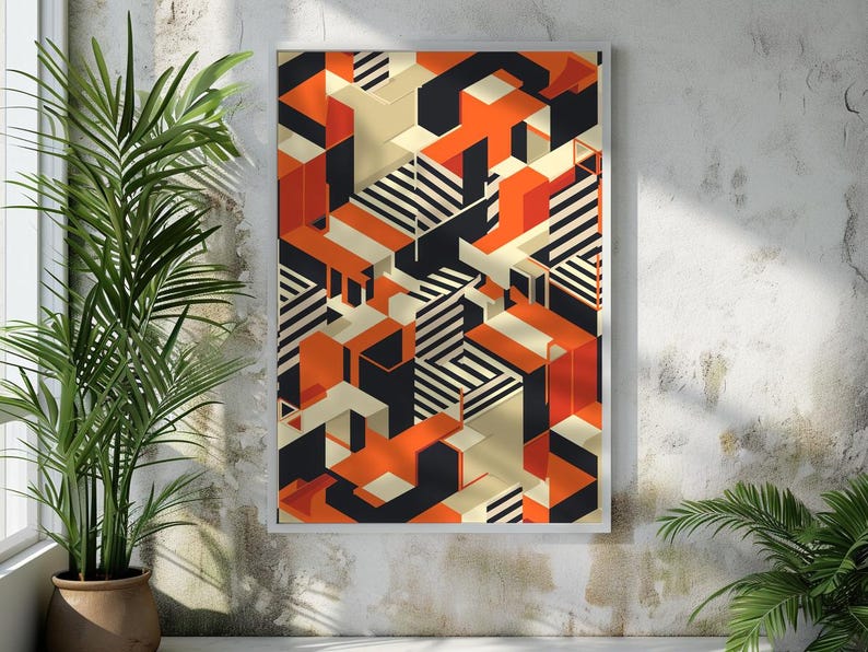 Abstract Cubist Isometric Art Poster Orange & Black Geometric Blocks ...