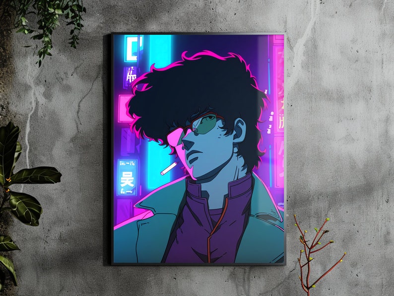 Cyberpunk Neon City Poster Anime Style Art Print Smoky Man Imagery ...