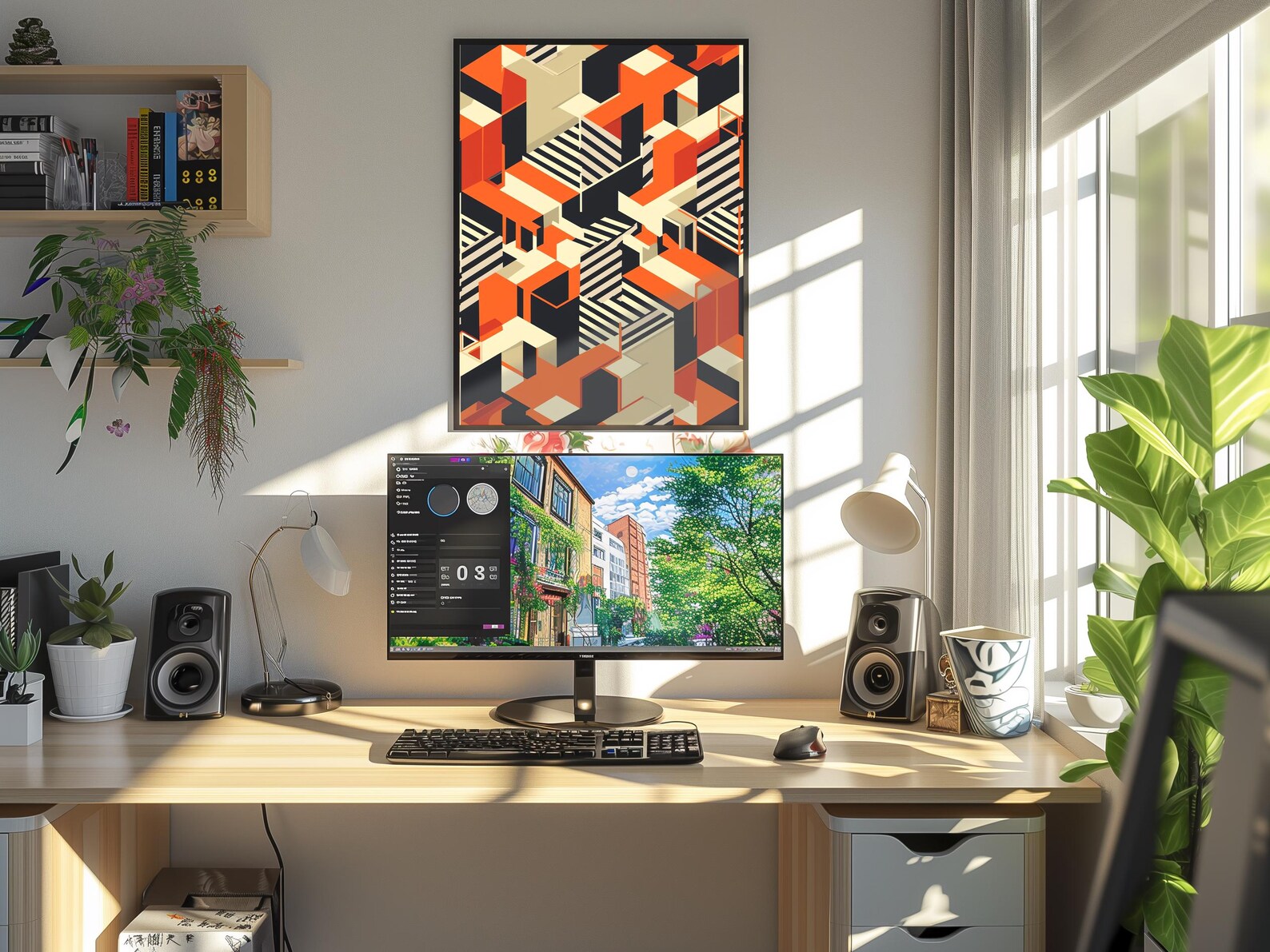 Abstract Cubist Isometric Art Poster Orange & Black Geometric Blocks ...