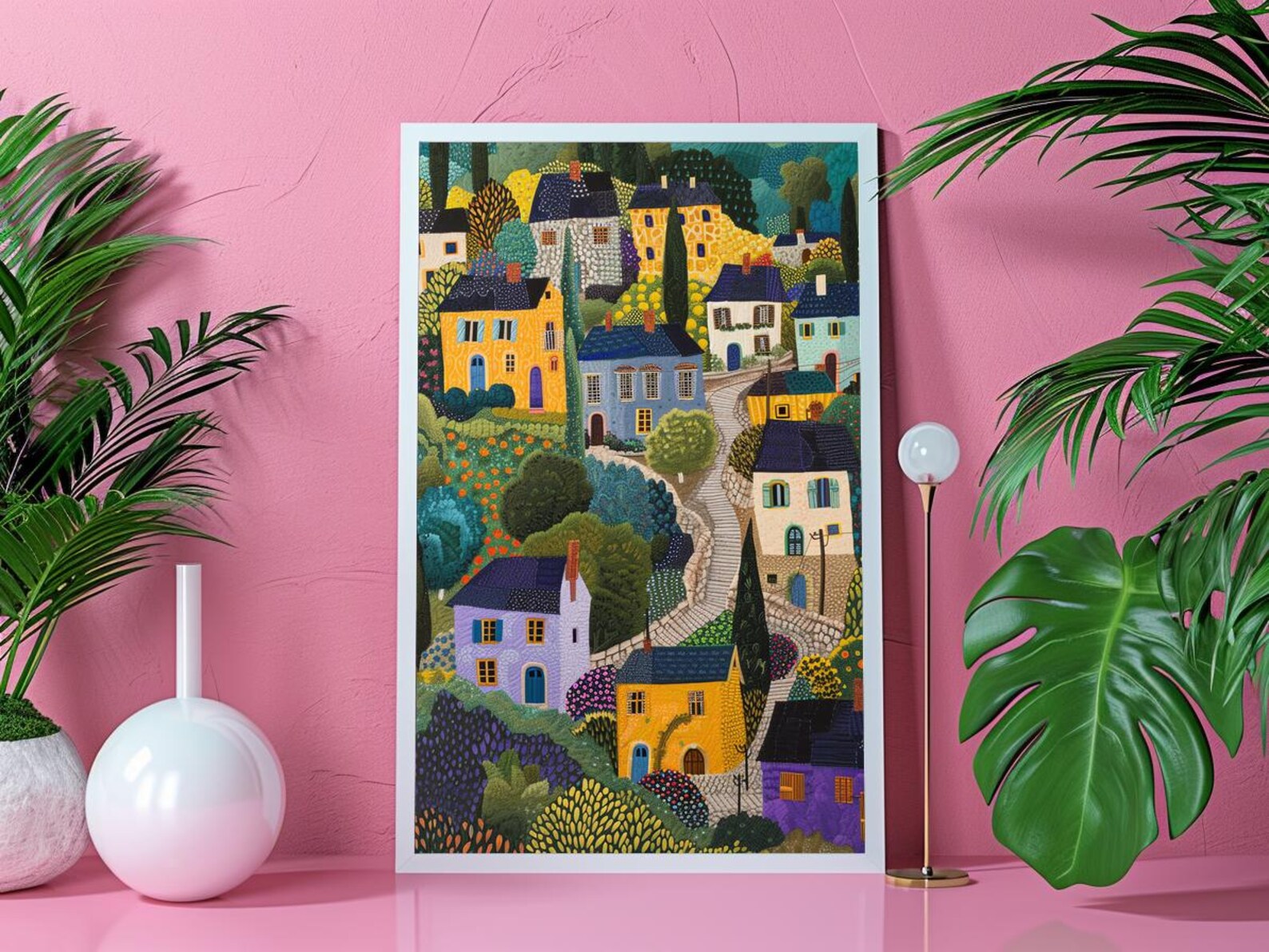 Whimsical Hillside Pointillism Poster Naive Art Landscape Gouache ...