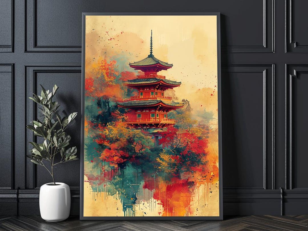 Pagoda Amidst Foliage Detailed Artwork Cloisonnism Style Japanese Art ...