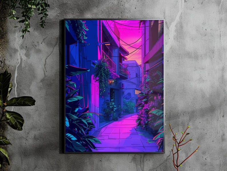 Cyberpunk Synthwave Neon Street Art Poster Synchromism Building ...