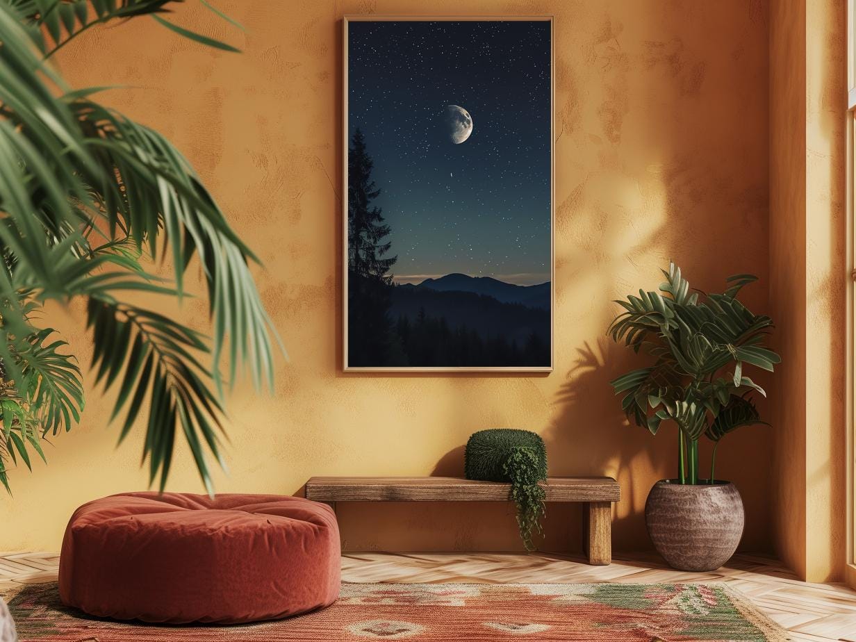 Moonlit Mountain Art Night Sky Forest Poster Space Landscape Trending ...