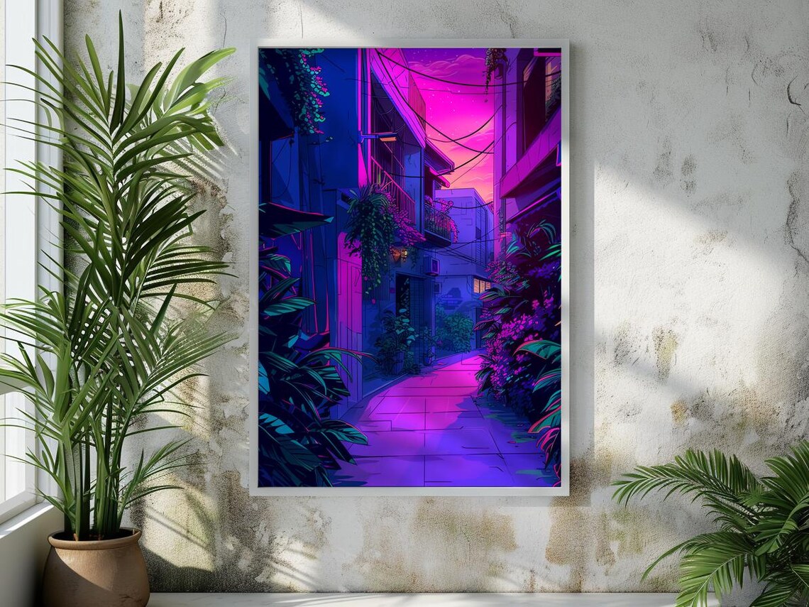 Cyberpunk Synthwave Neon Street Art Poster Synchromism Building ...