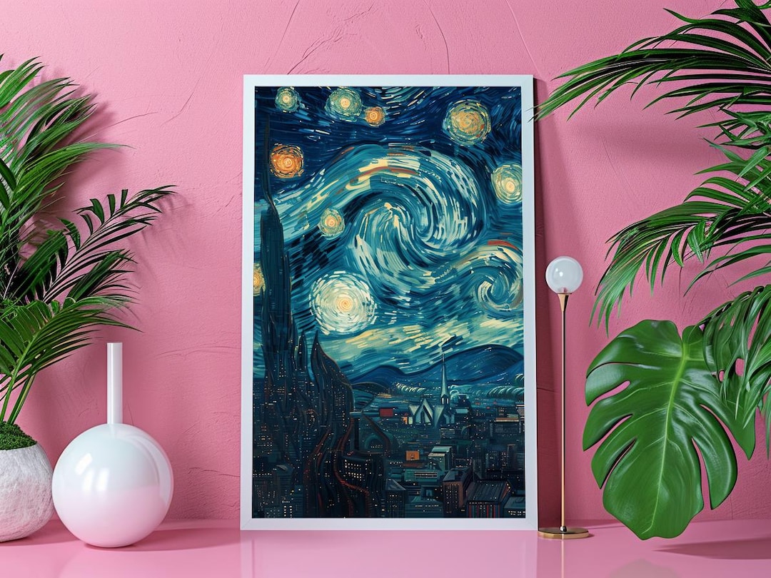 Starry Night Over Urban Skyline Poster Post-impressionism Art Style ...