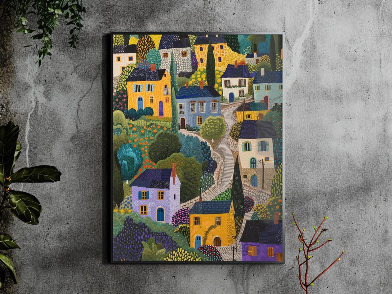 Whimsical Hillside Pointillism Poster Naive Art Landscape Gouache ...