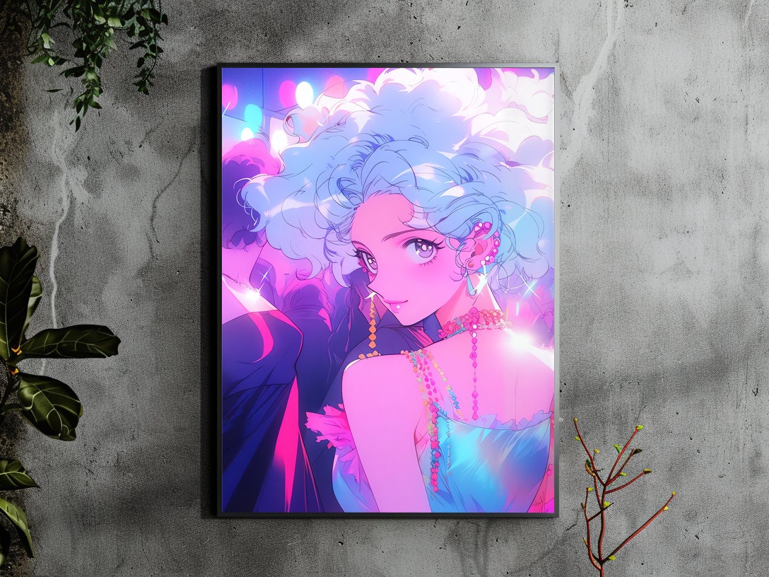 Anime Aesthetic Poster Blue Haired Woman In Crowd Detailed Art Deco Rococo Style Outrun Theme