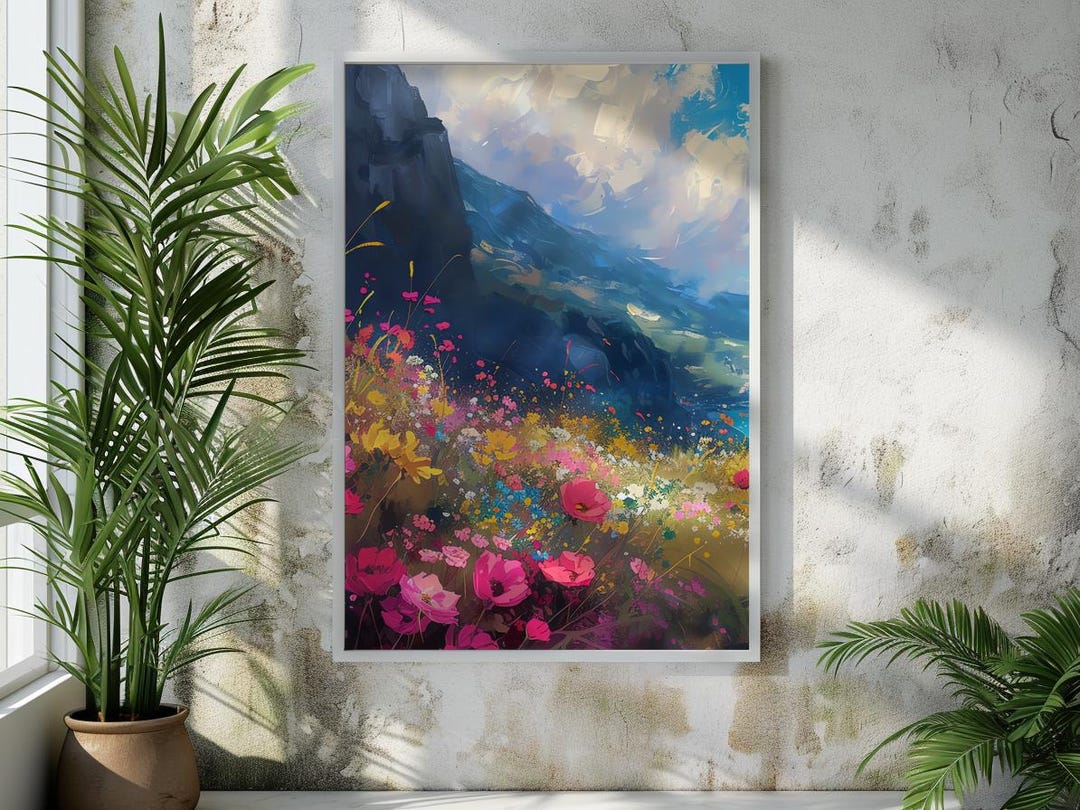 Fantasy Flower Field Matte Poster Art Scenic Mountain Landscape Vibrant ...
