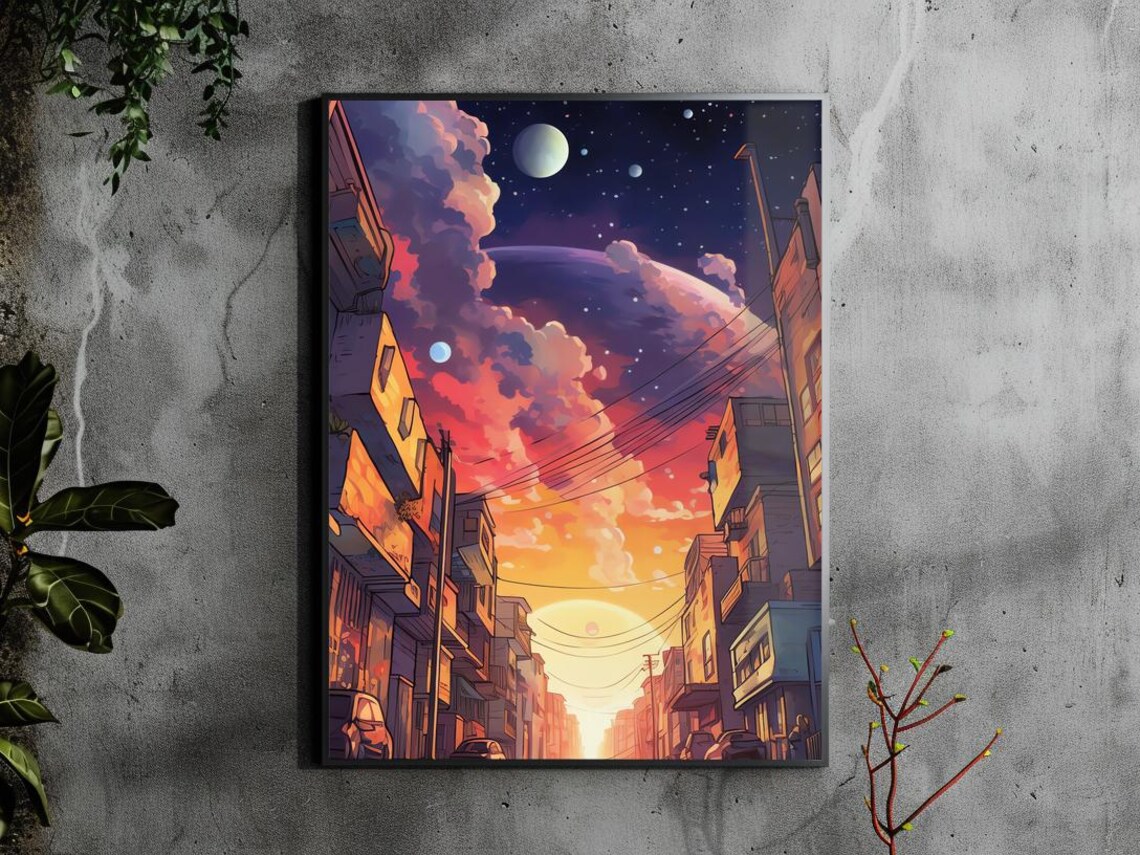 Comic Book Panel Anime Landscape Art City Street Scene Moonlit Sky ...