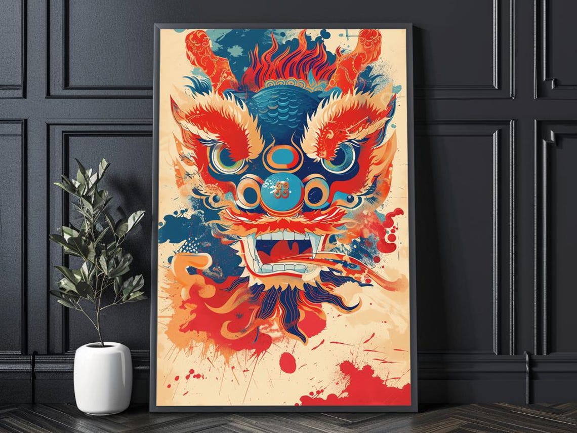 Red & Blue Dragon Head Poster Chinese Mythology Inspired Cloisonnism ...