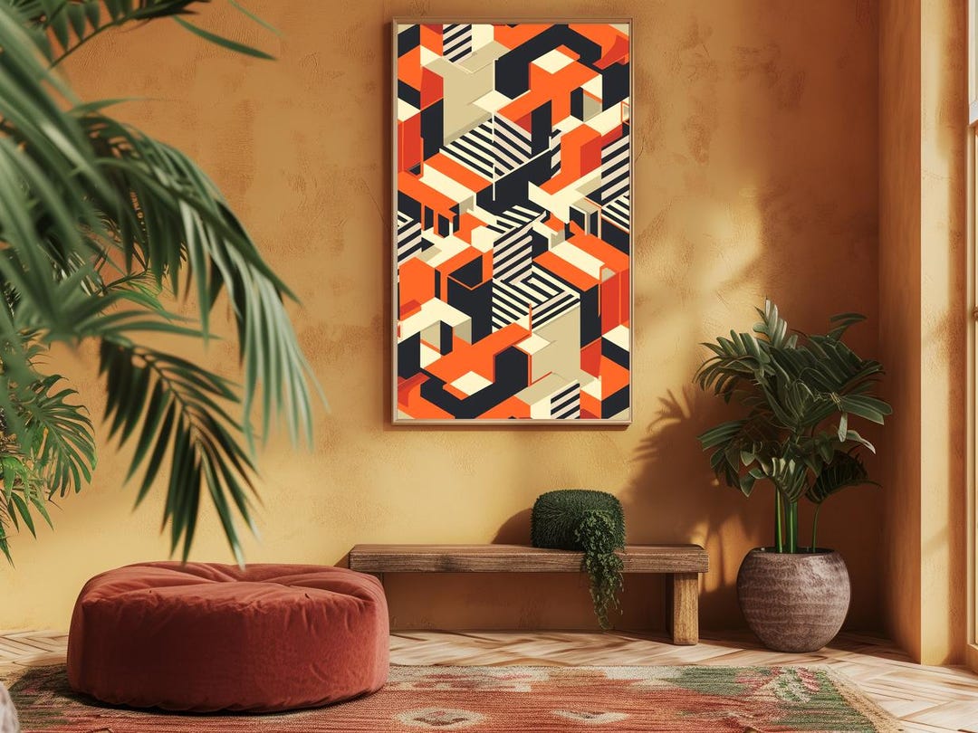 Abstract Cubist Isometric Art Poster Orange & Black Geometric Blocks ...