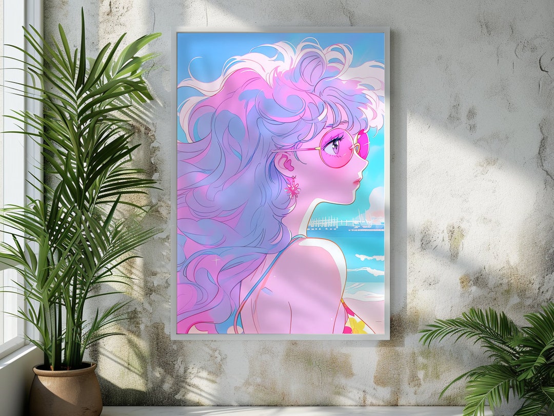 Anime Beach Aesthetic Poster Pink Hair Sunglasses Art Deco Outrun Ocean ...