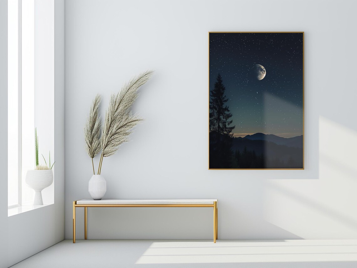 Moonlit Mountain Art Night Sky Forest Poster Space Landscape Trending ...