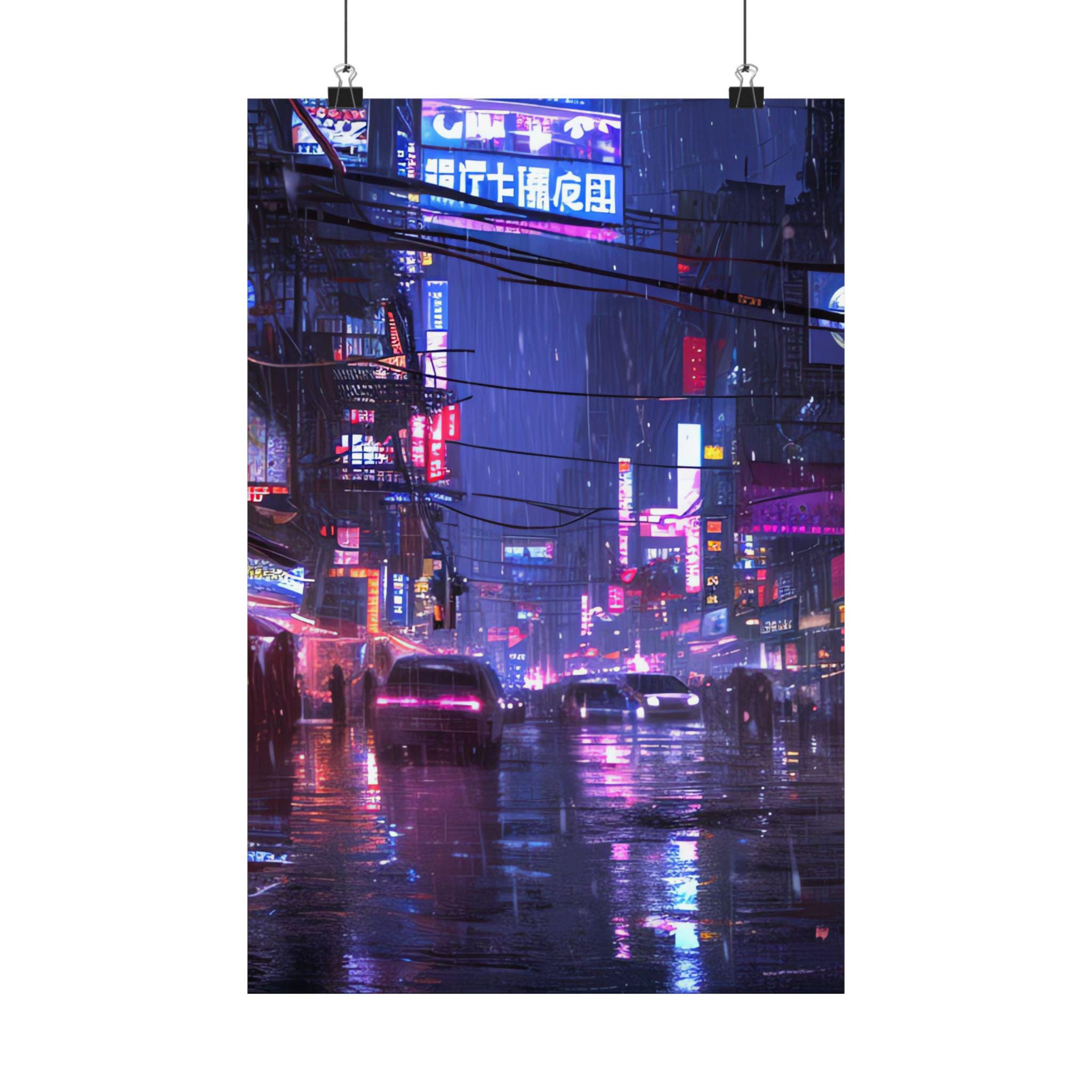 Cyberpunk City Poster Neon Rainy Night Art Retro Futurism Aesthetic Blade Runner Style ...