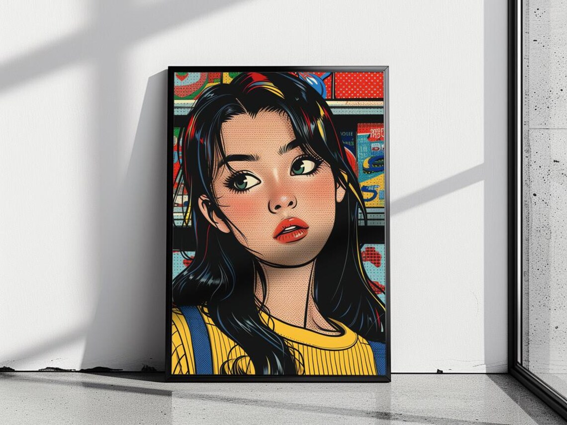 Retro Pop Art Anime Girl Portrait Yellow Shirt Close-up Korean Art ...
