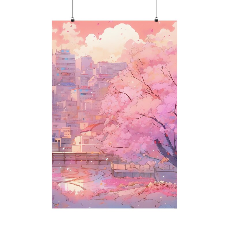 Pink Tree Cityscape Anime Inspired Artwork Detailed Aesthetic Natural ...