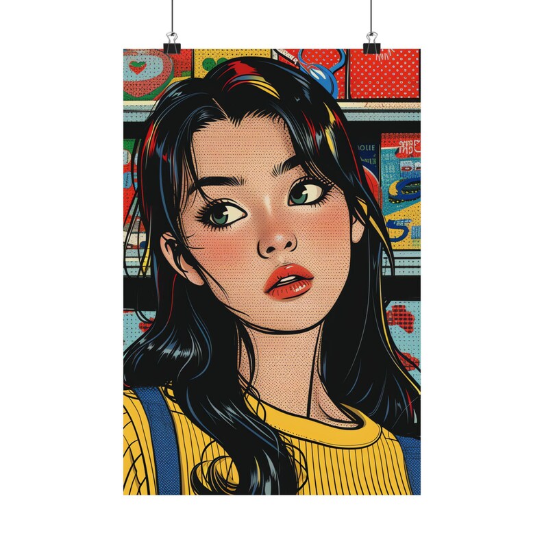 Retro Pop Art Anime Girl Portrait Yellow Shirt Close-up Korean Art ...