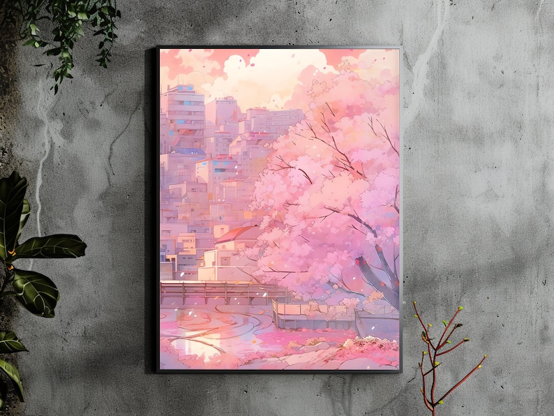 Pink Tree Cityscape Anime Inspired Artwork Detailed Aesthetic Natural ...