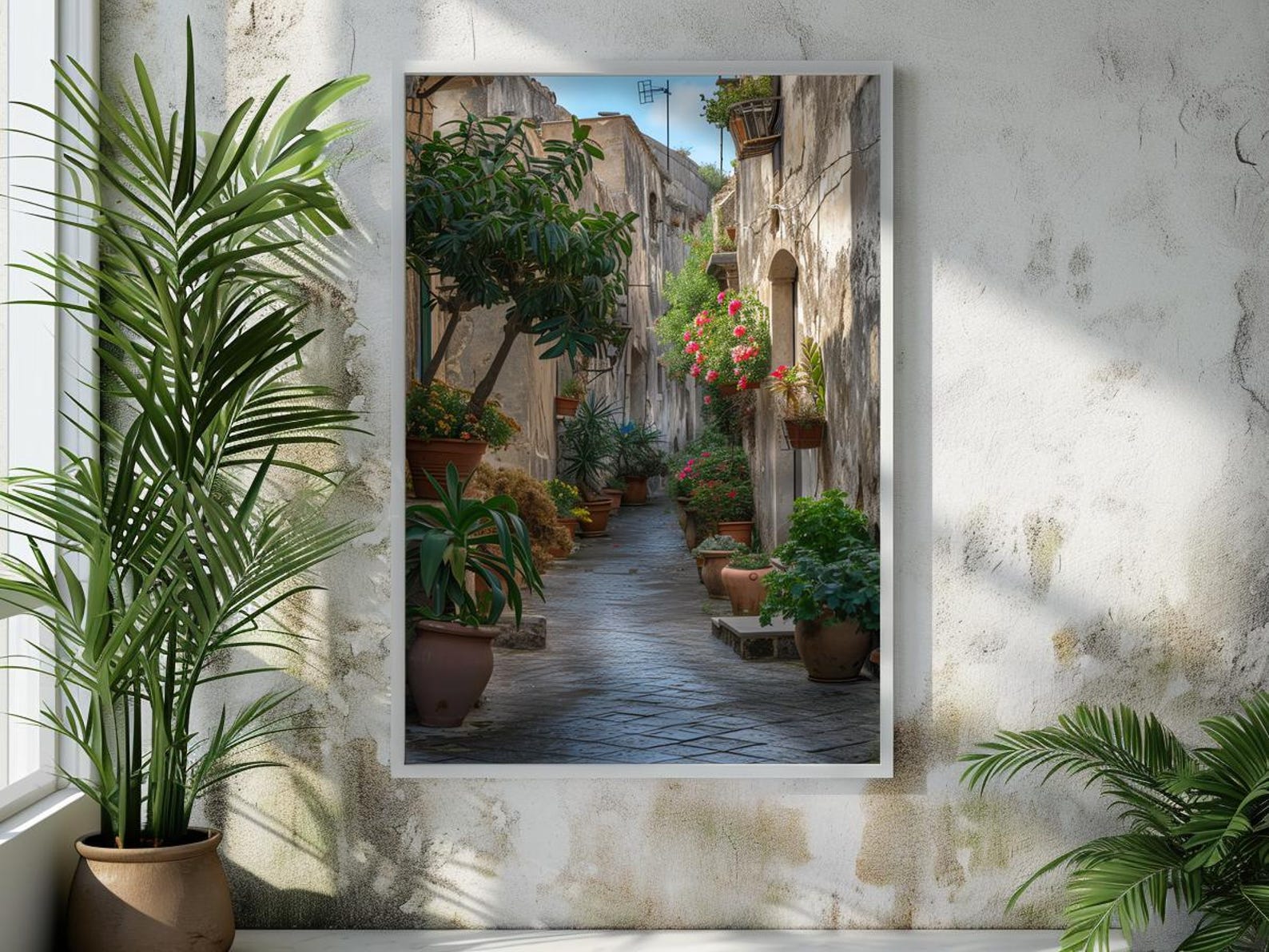 Cozy Romanesque Street Art Poster Winding Alleys & Potted Plants ...