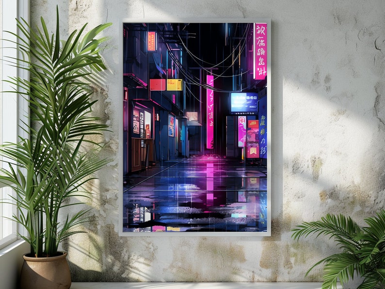 Cyberpunk City in Neon Rain Computer Art Poster Vibrant Neon Alley ...