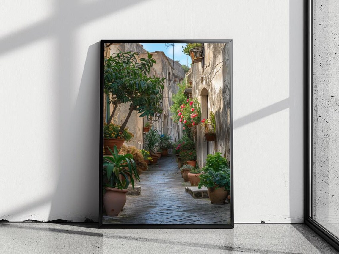 Cozy Romanesque Street Art Poster Winding Alleys & Potted Plants ...