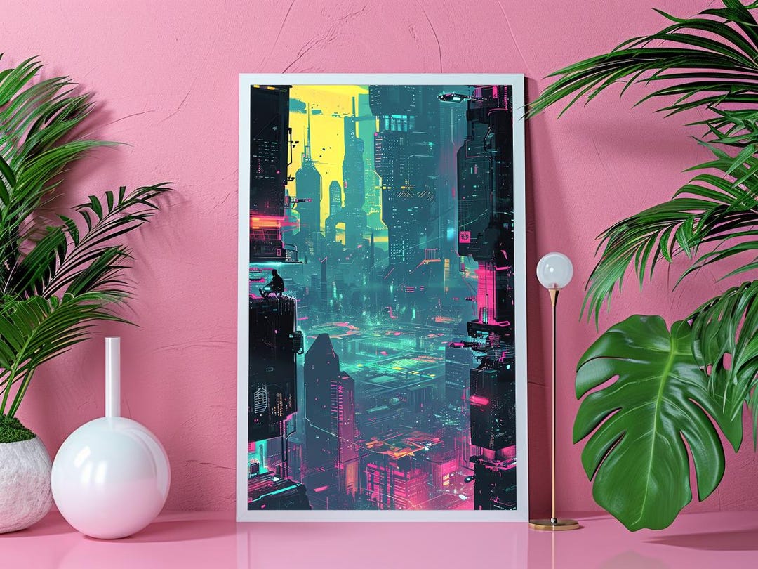 Futuristic Cyberpunk Cityscape Poster Neon Night Art Print Dreamy ...