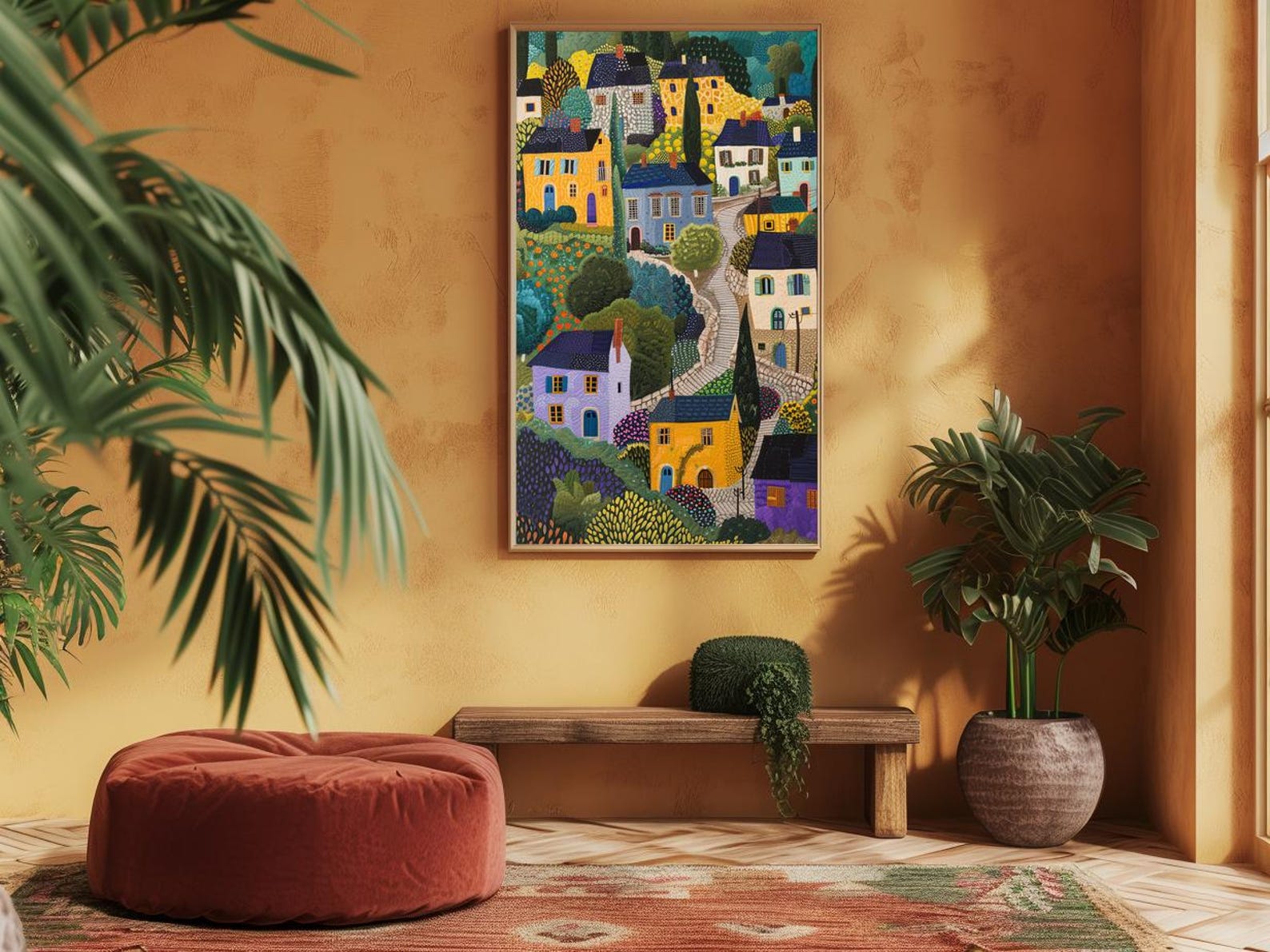Whimsical Hillside Pointillism Poster Naive Art Landscape Gouache ...