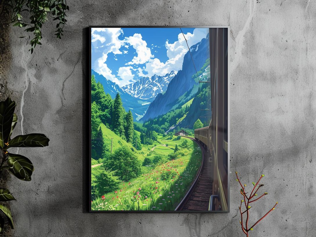 Realistic Train Journey Poster Lush Countryside Mountains Detailed ...