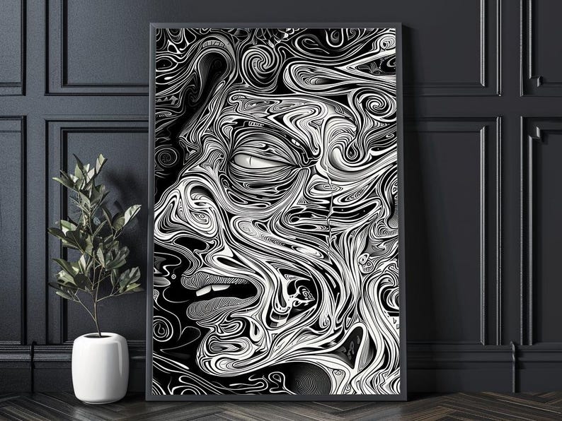 Abstract Black & White Swirls Poster Psychedelic Melting Face Art Detailed Generative Patterns ...