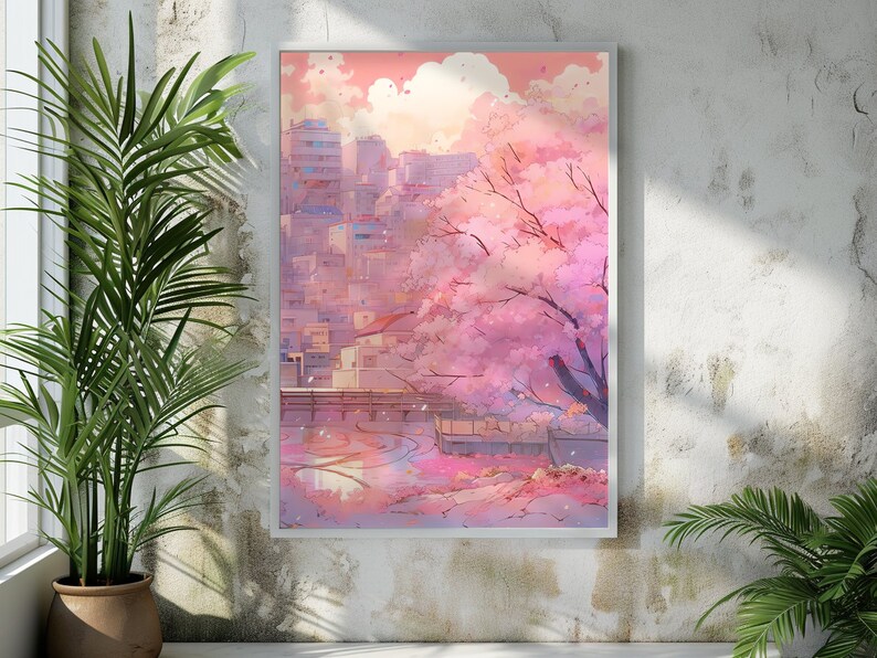 Pink Tree Cityscape Anime Inspired Artwork Detailed Aesthetic Natural ...