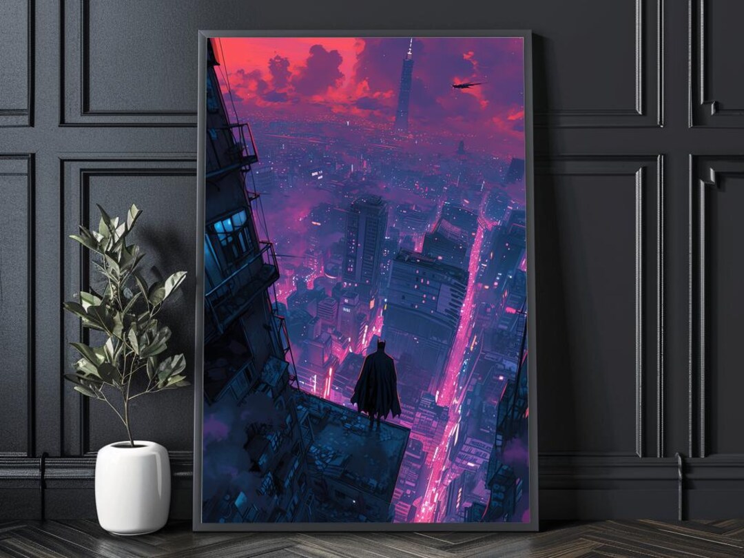 Cyberpunk Art Matte Painting Poster Man in Purple Gotham Skyline ...