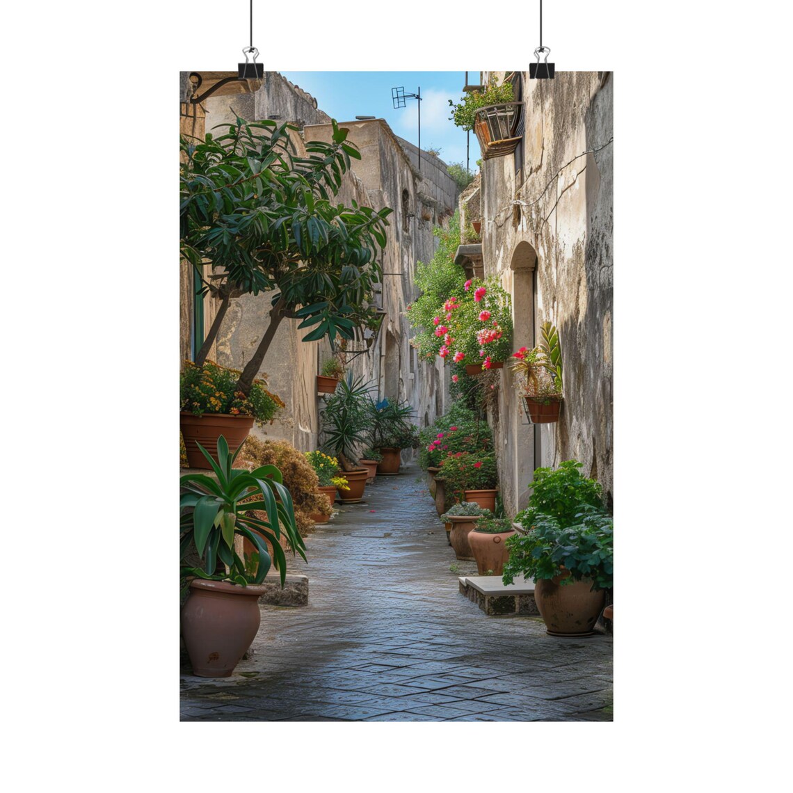 Cozy Romanesque Street Art Poster Winding Alleys & Potted Plants ...