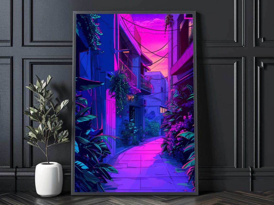 Cyberpunk Synthwave Neon Street Art Poster Synchromism Building ...