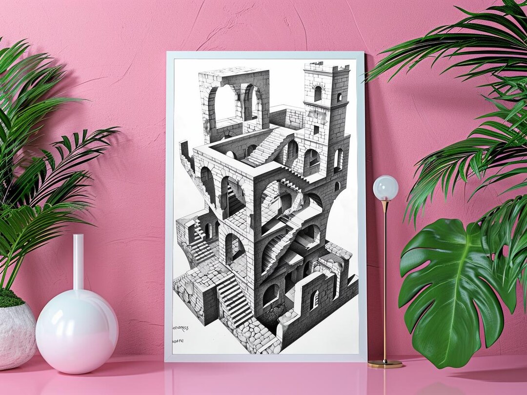 Abstract MC Escher-style Castle Detailed Architectural Art Print Black ...