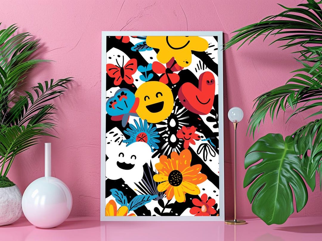 Vibrant Smiley Face & Floral Pattern Poster Vector Art Naive Art ...