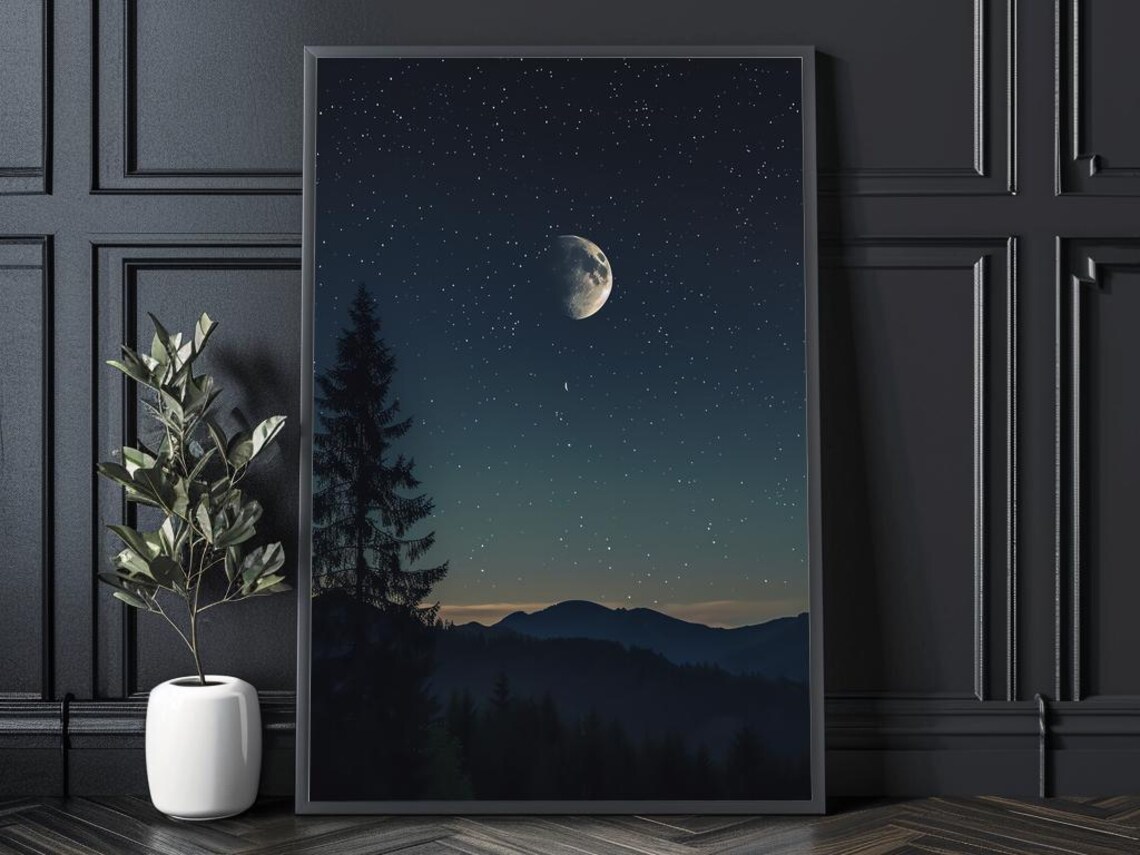 Moonlit Mountain Art Night Sky Forest Poster Space Landscape Trending ...