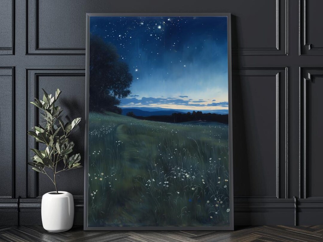 Starry Night Sky Art Nature Landscape Poster Grass Mountain Field of ...