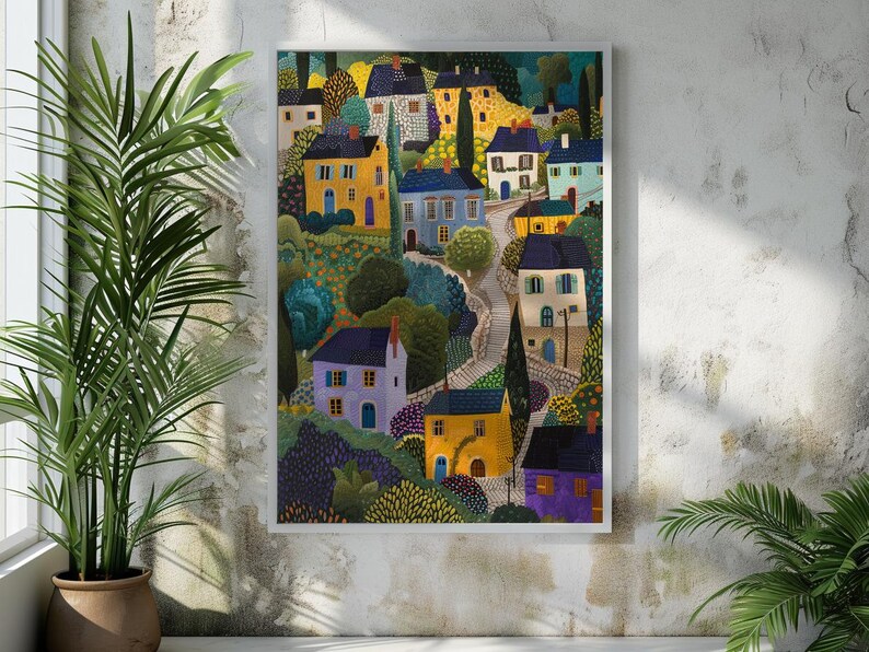 Whimsical Hillside Pointillism Poster Naive Art Landscape Gouache ...