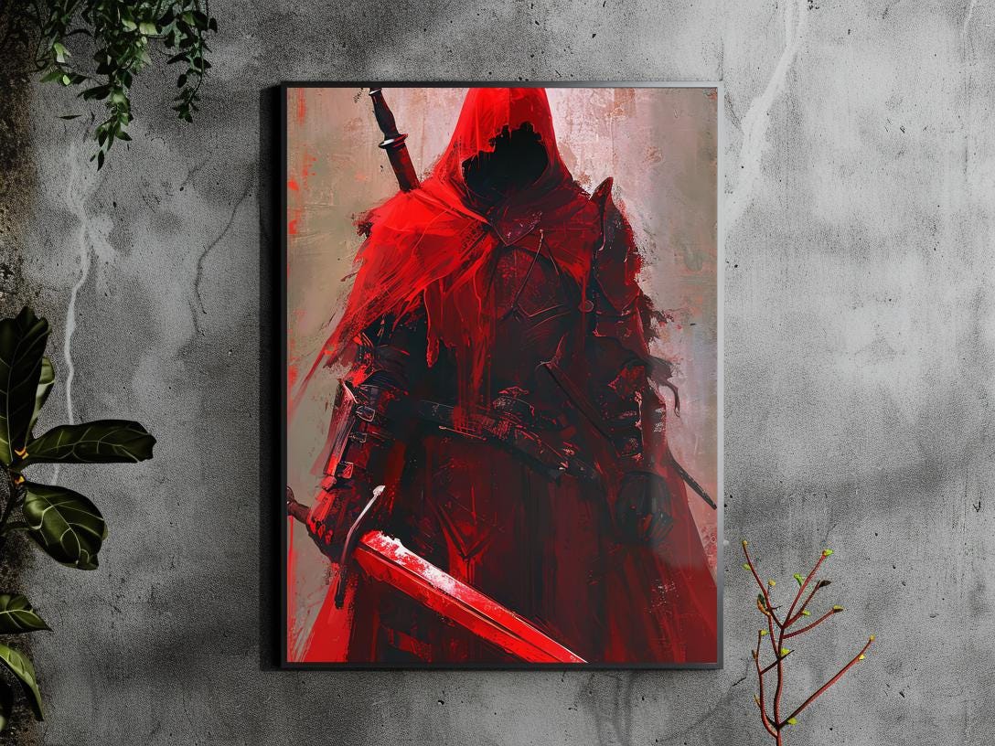 Fantasy Figure in Red Cloak With Sword Poster Enigmatic Cultist Robe ...