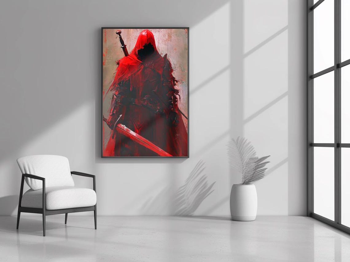 Fantasy Figure in Red Cloak With Sword Poster Enigmatic Cultist Robe ...