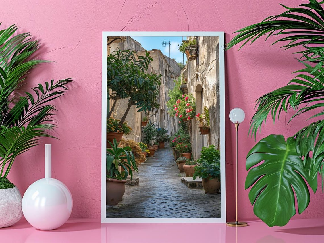 Cozy Romanesque Street Art Poster Winding Alleys & Potted Plants ...