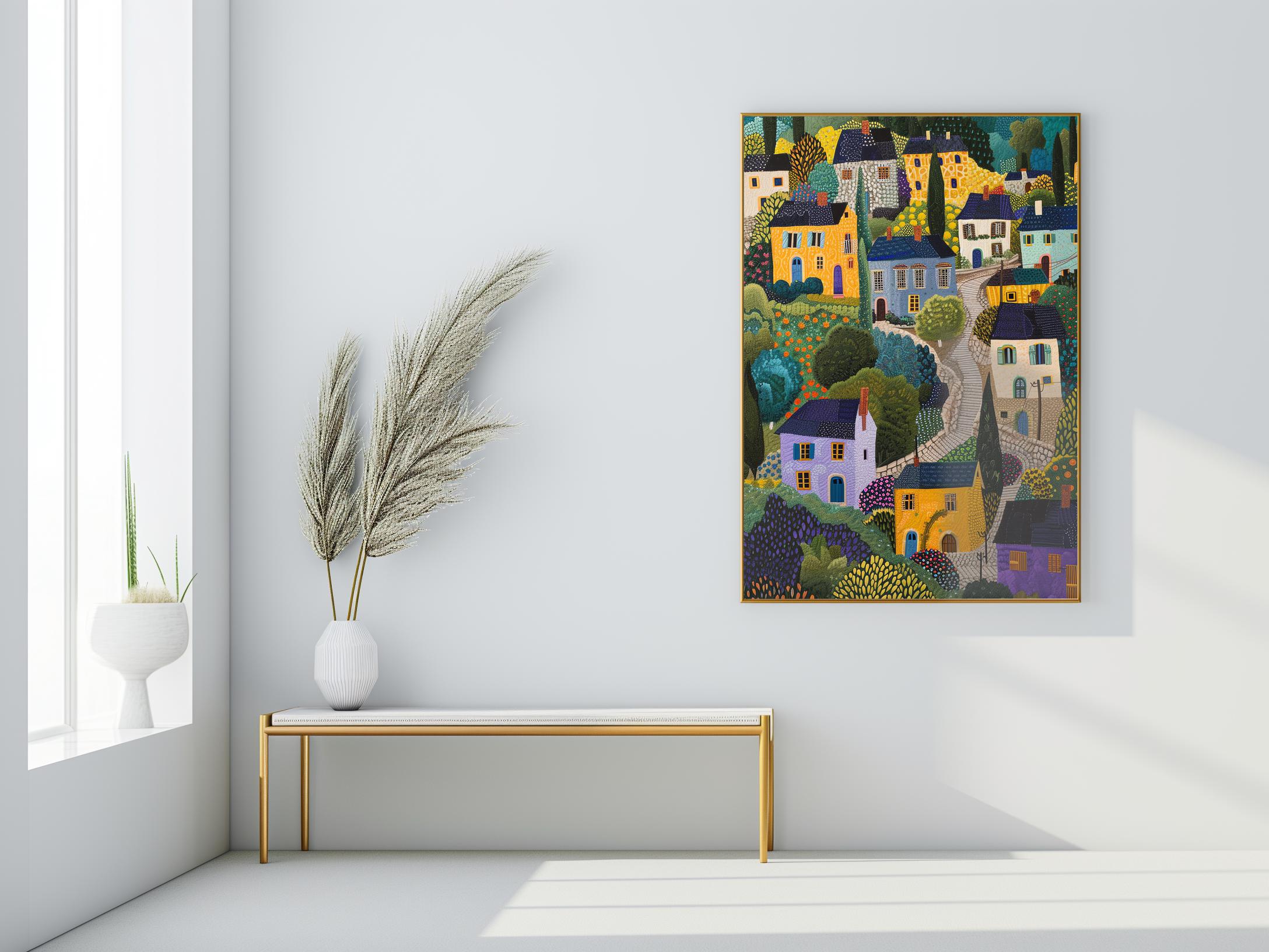 Whimsical Hillside Pointillism Poster Naive Art Landscape Gouache ...