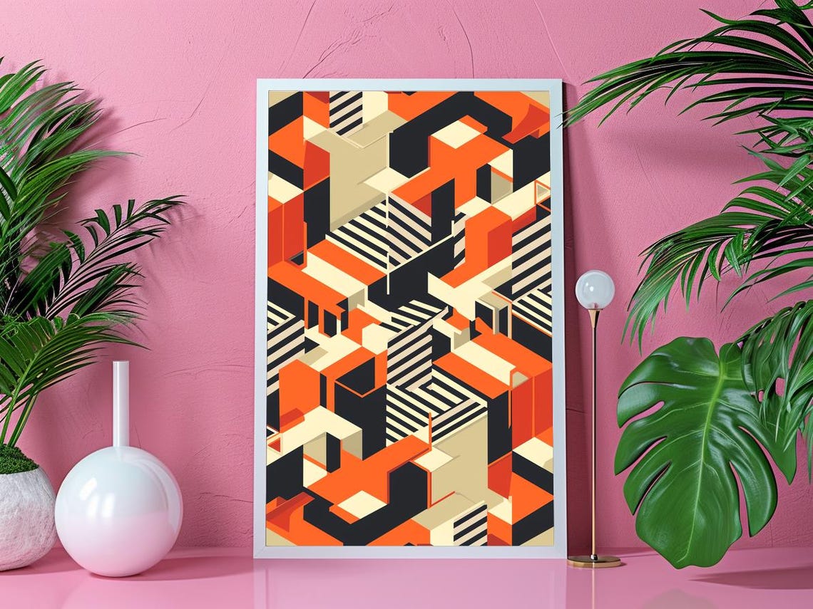 Abstract Cubist Isometric Art Poster Orange & Black Geometric Blocks ...