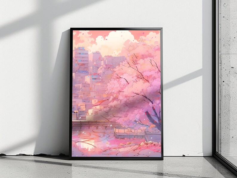 Pink Tree Cityscape Anime Inspired Artwork Detailed Aesthetic Natural ...