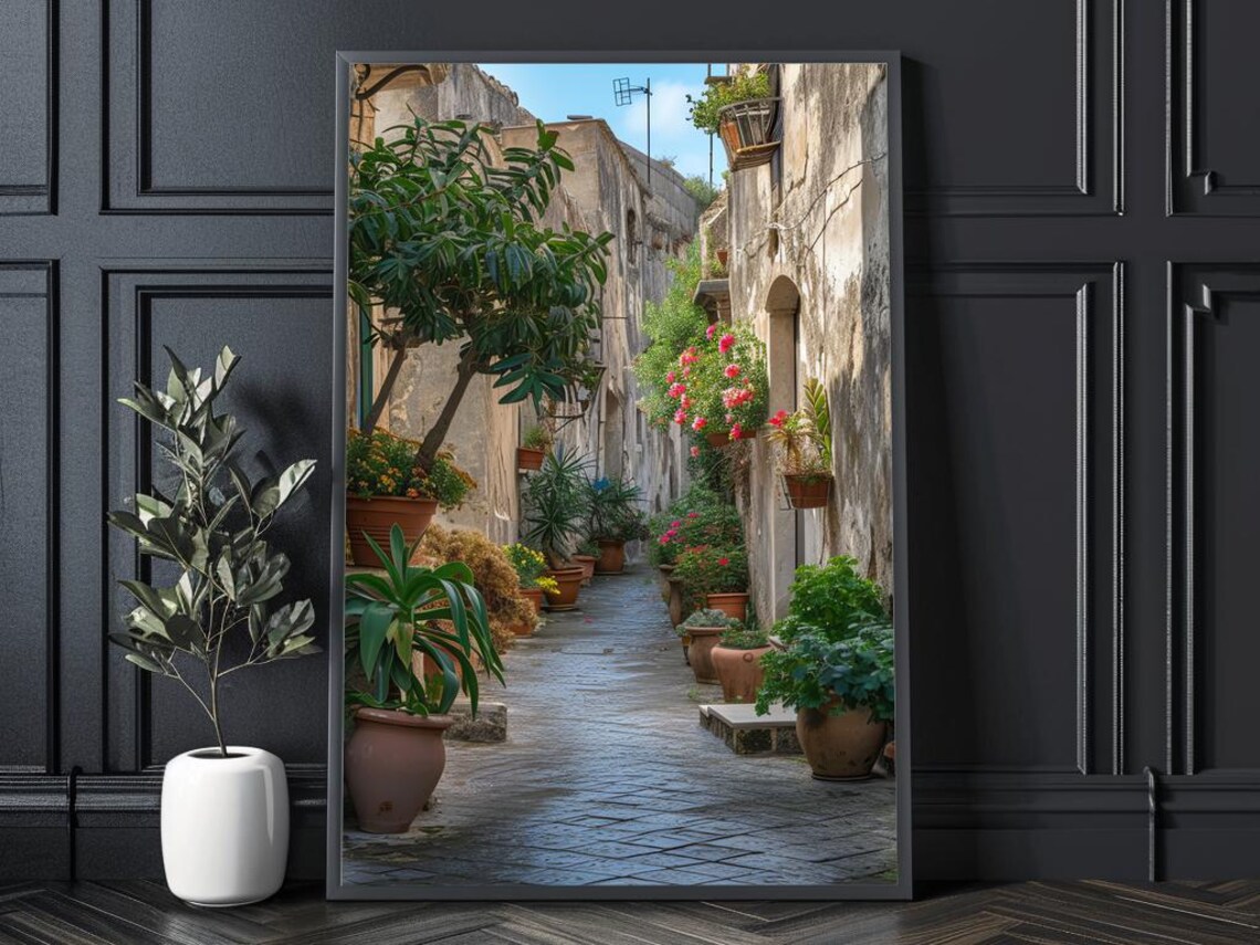Cozy Romanesque Street Art Poster Winding Alleys & Potted Plants ...