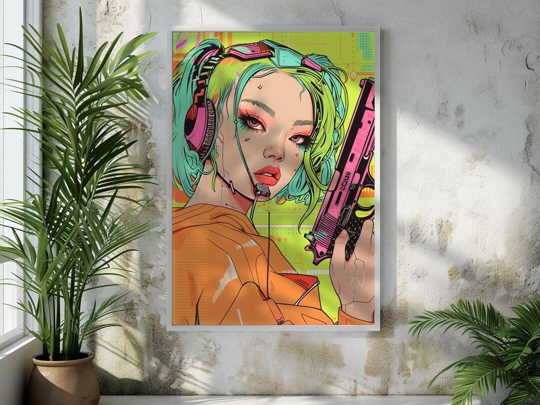 Cyberpunk Anime Poster Dreamy Colors Gun-wielding Woman Trending ...