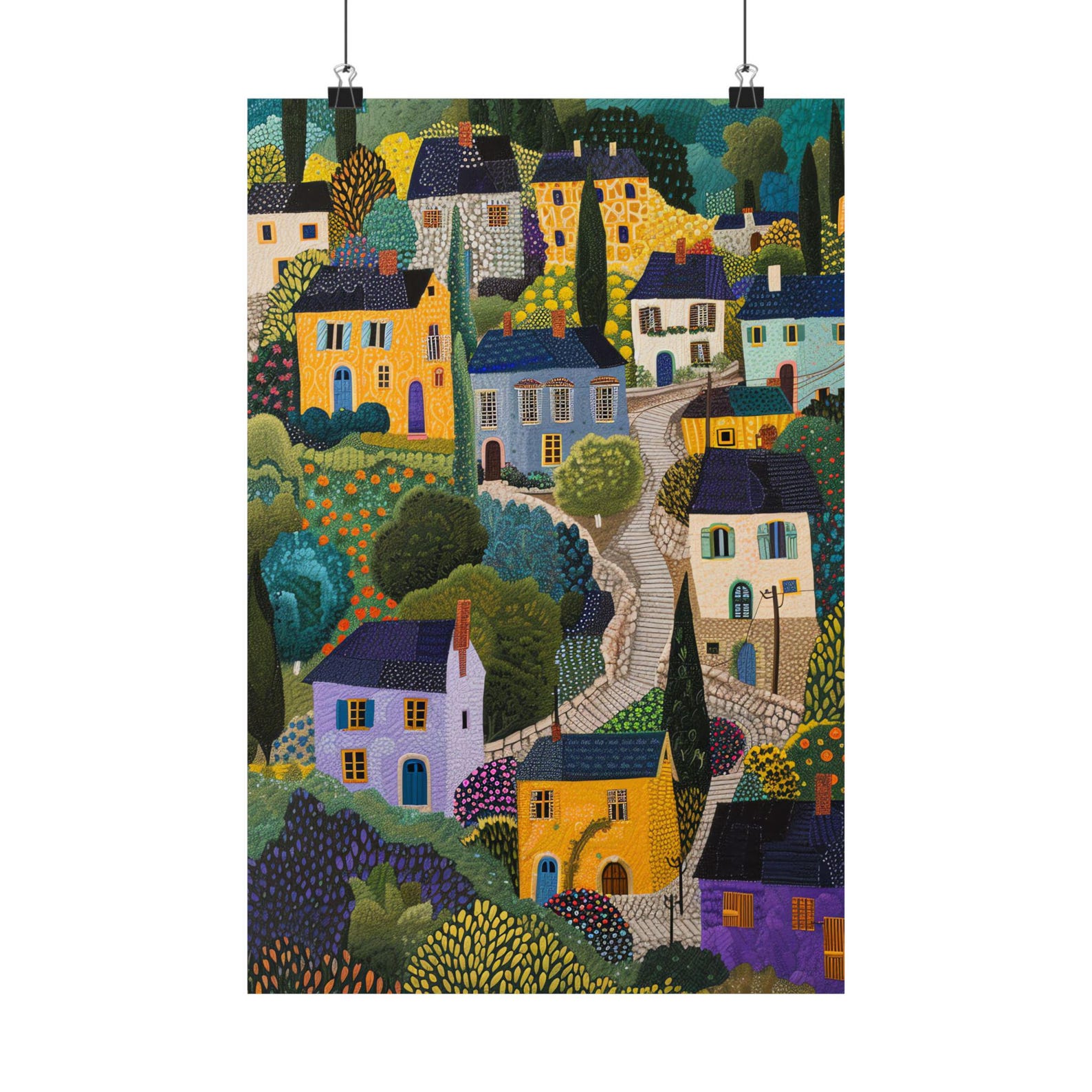 Whimsical Hillside Pointillism Poster Naive Art Landscape Gouache ...
