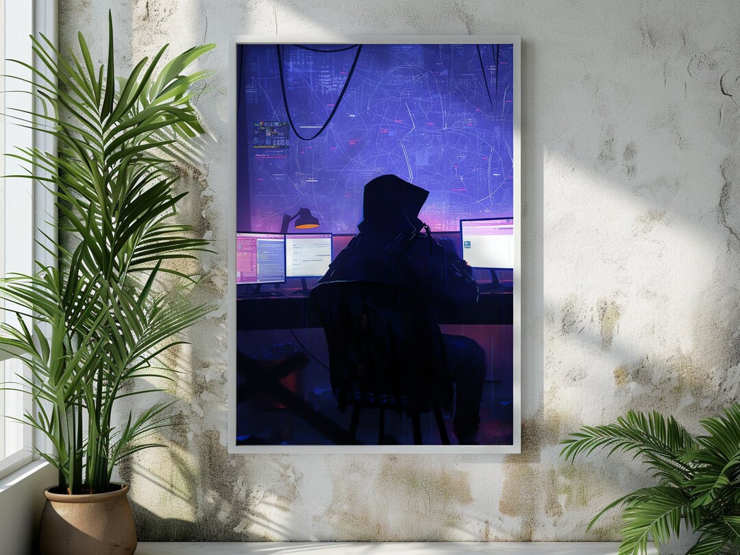 Cyberpunk Art Poster Man at Desk With Dual Monitors Cyber Aesthetic ...