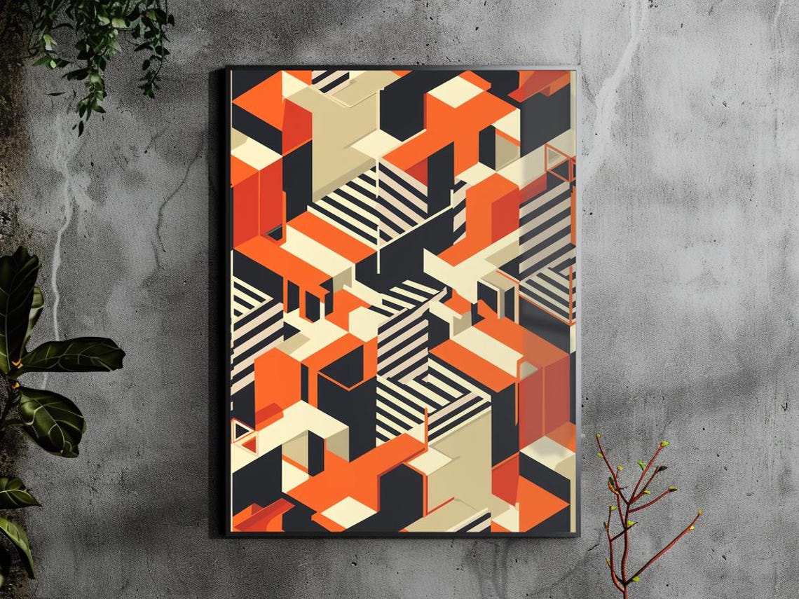 Abstract Cubist Isometric Art Poster Orange & Black Geometric Blocks ...
